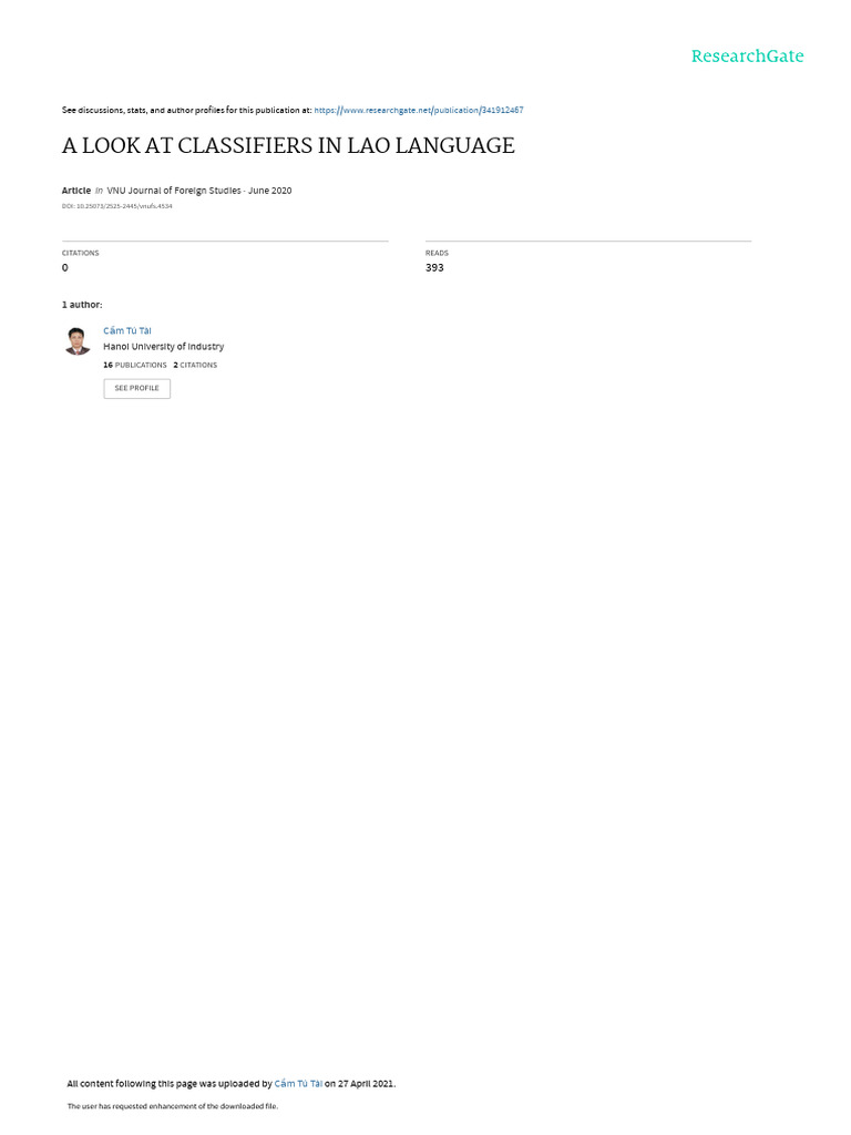 A Look at Classifiers in Lao Language: VNU Journal of Foreign Studies June 2020 | PDF