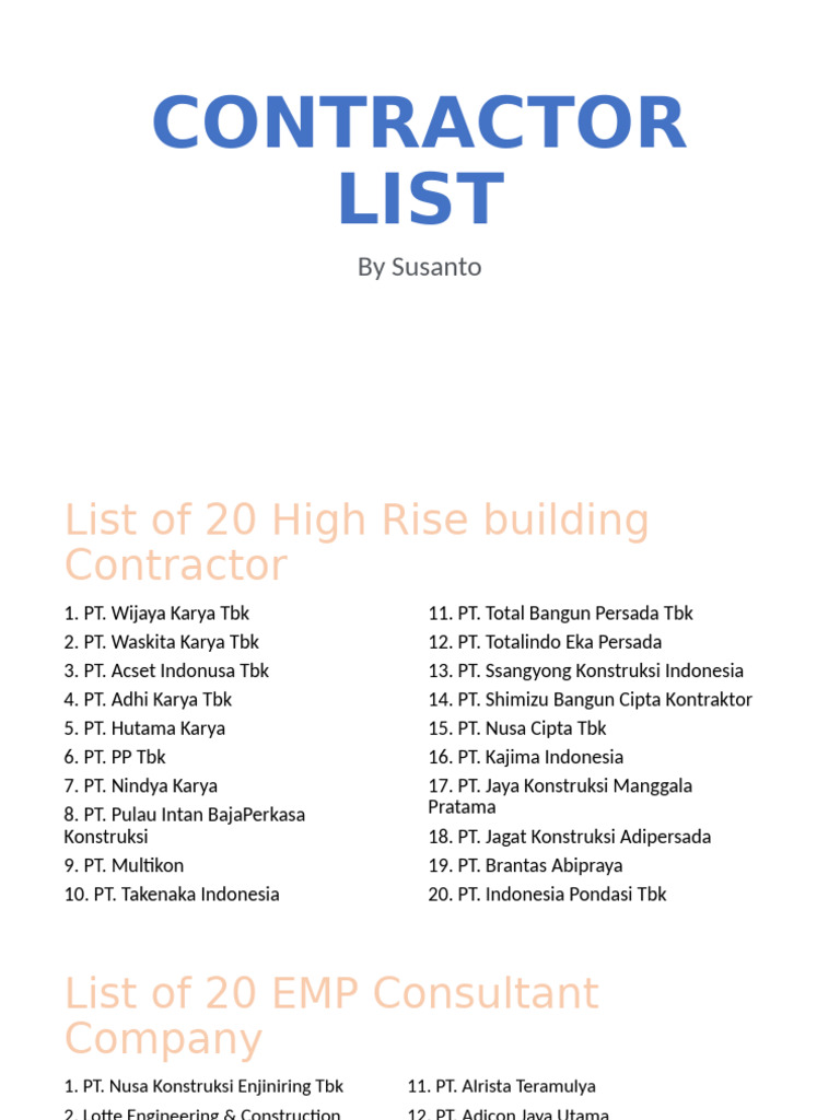 CONTRACTOR LIST Database - Susanto | PDF