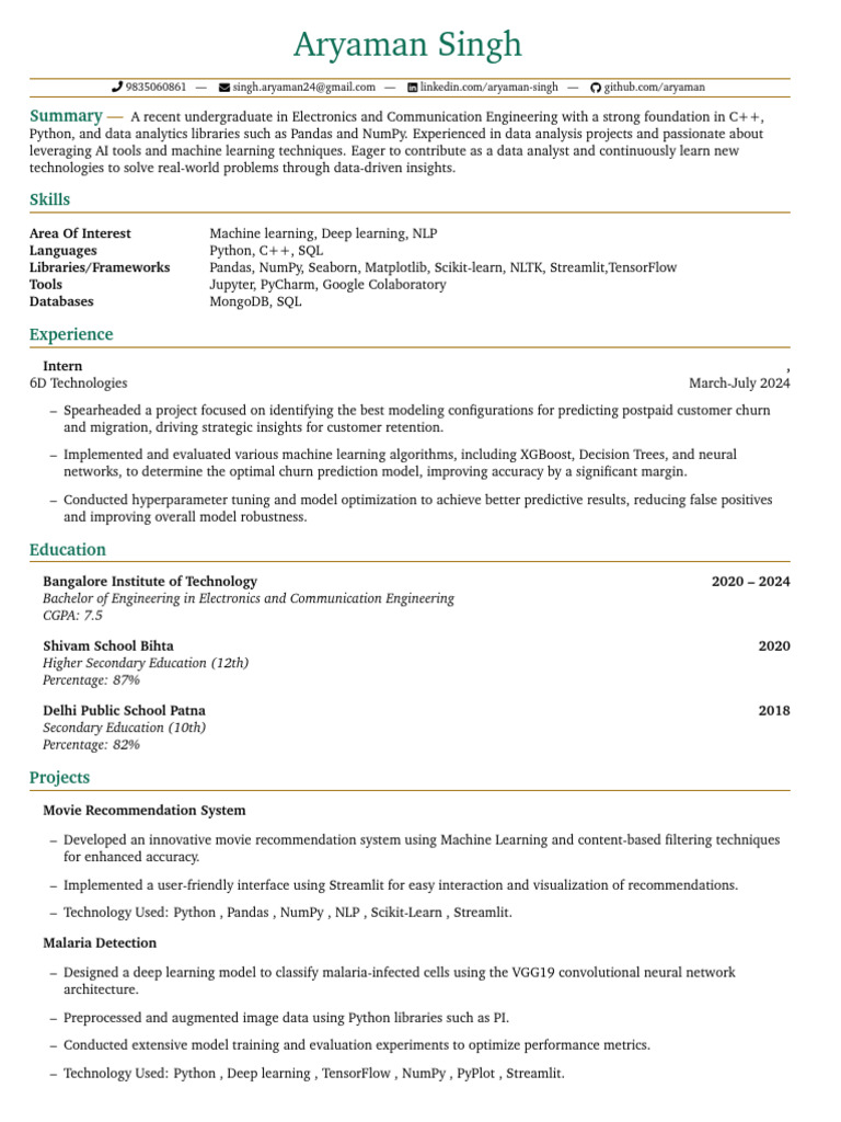 Aryaman Resume | PDF | Machine Learning | Computers