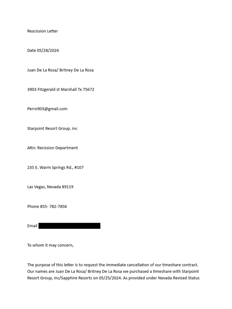 Timeshare Rescission Request Letter | PDF | Law
