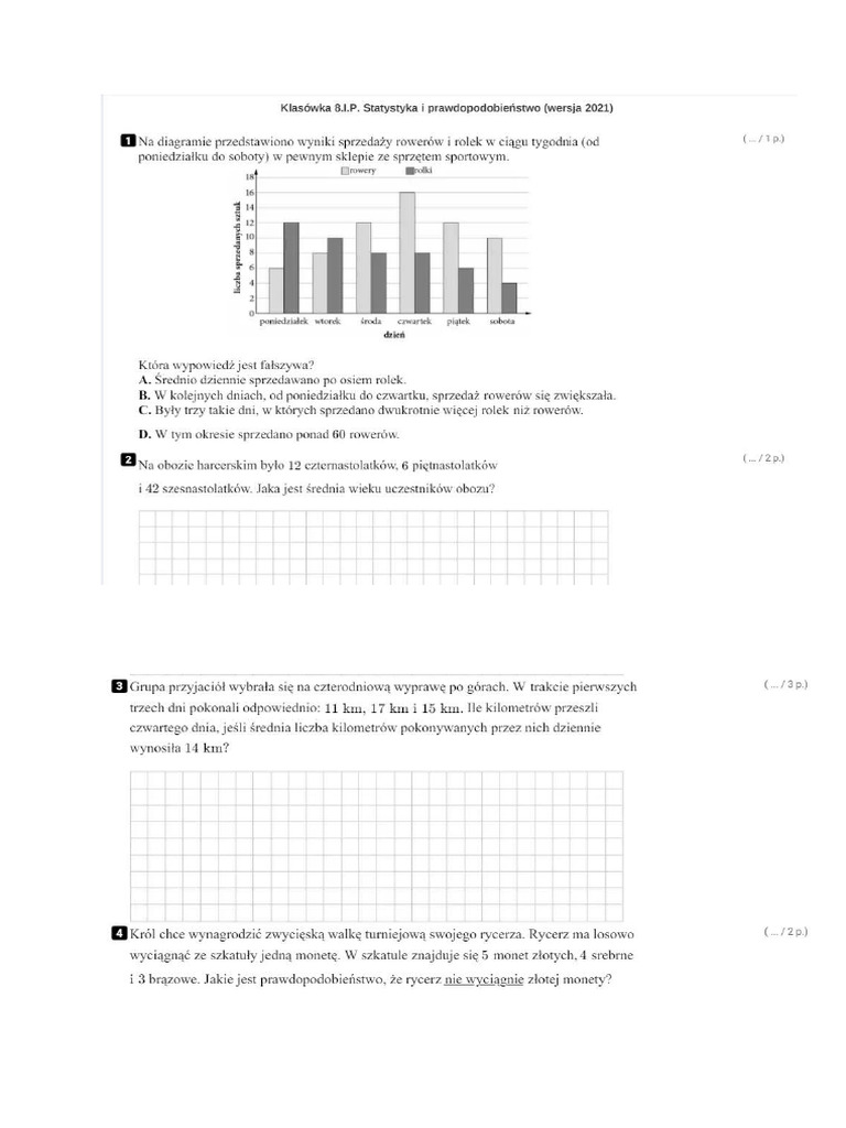 Sprawdzian 1 Statystyka I Prawdopodobienstwo | PDF