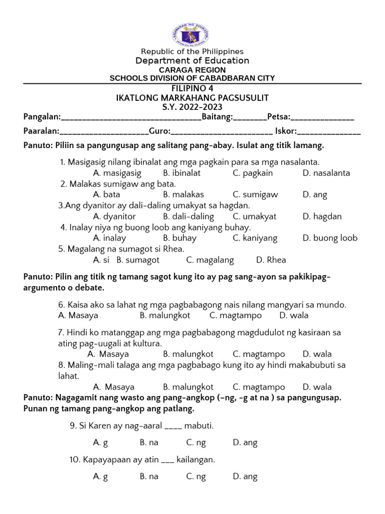 Filipino 4 q3 PT - Cjrais. | PDF