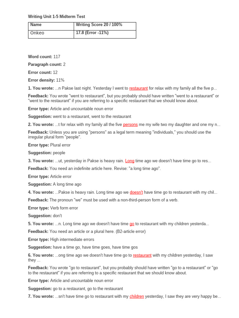 Writing Unit 1-5 Midterm Test - Onkeo Onkeo | PDF
