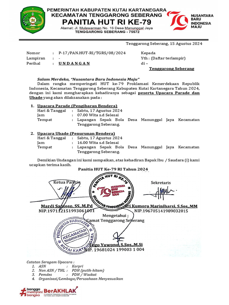 Undangan Upacara HUT RI 79 - Kec. TGRS | PDF