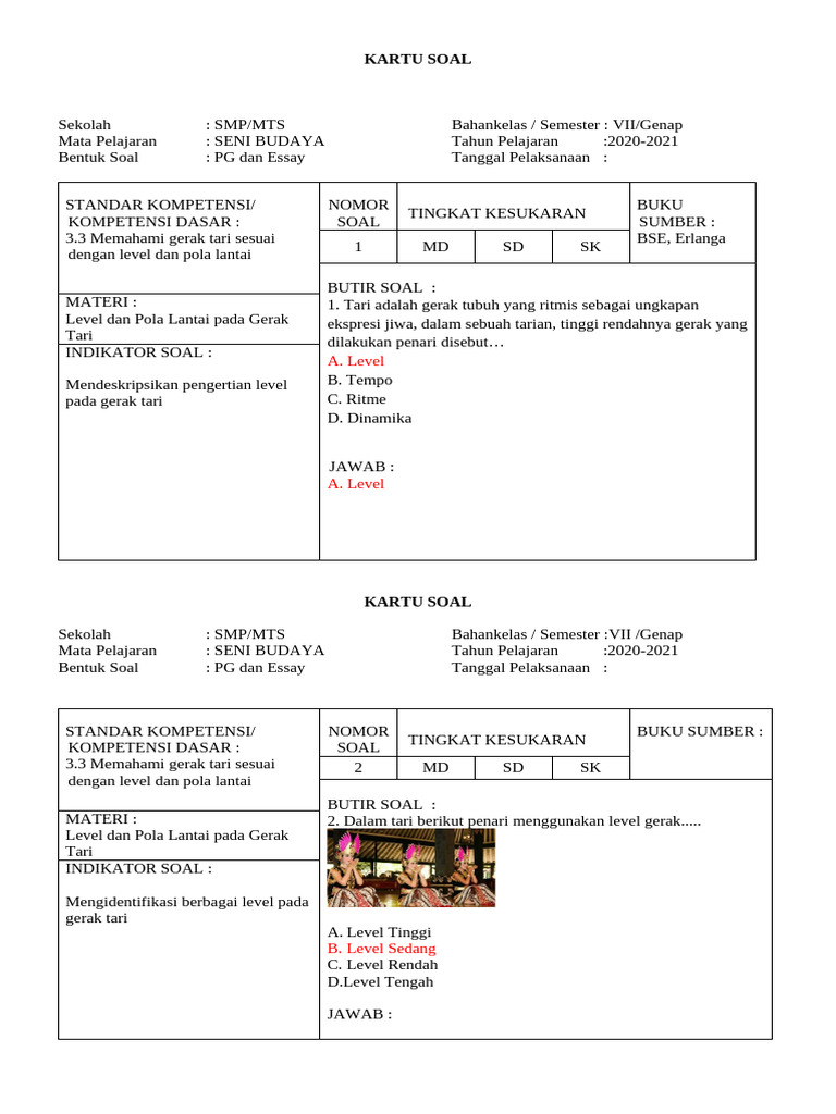 Kartu Soal PAT SBK Kelas 7 Tari | PDF