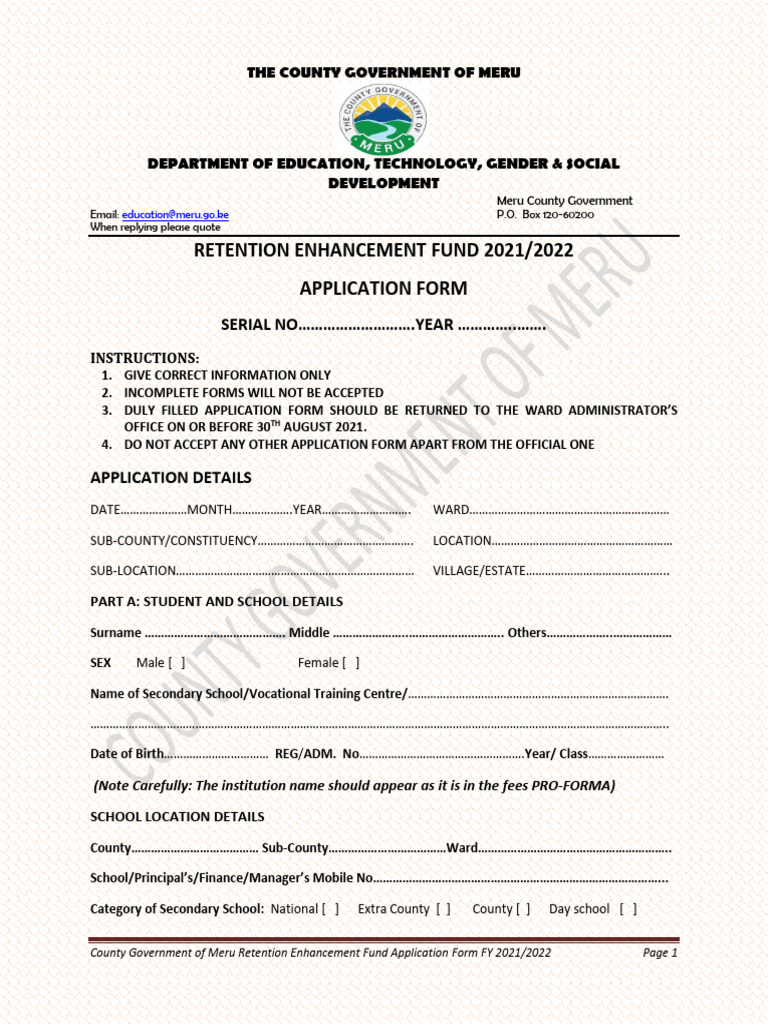 County Government of Meru Bursary Application Form 2021-2022 | PDF