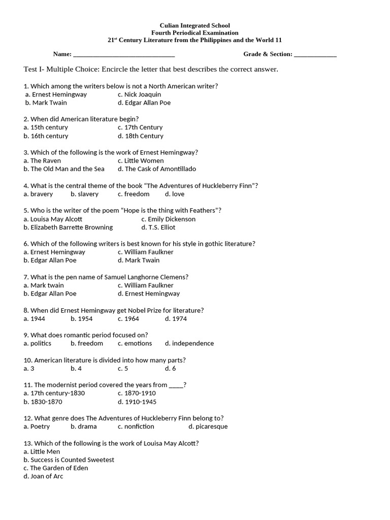 21st Century - Exam | PDF | American Literature | Mark Twain