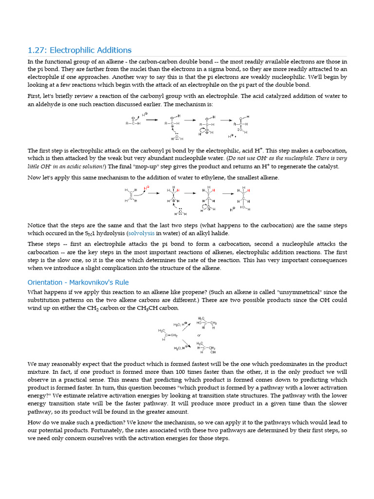1.27 - Electrophilic Additions - Chemistry LibreTexts | PDF
