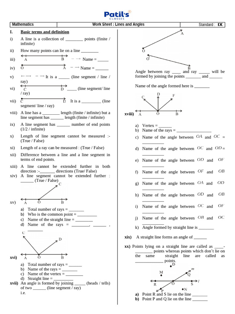 Worksheet - Lines and Angles | PDF