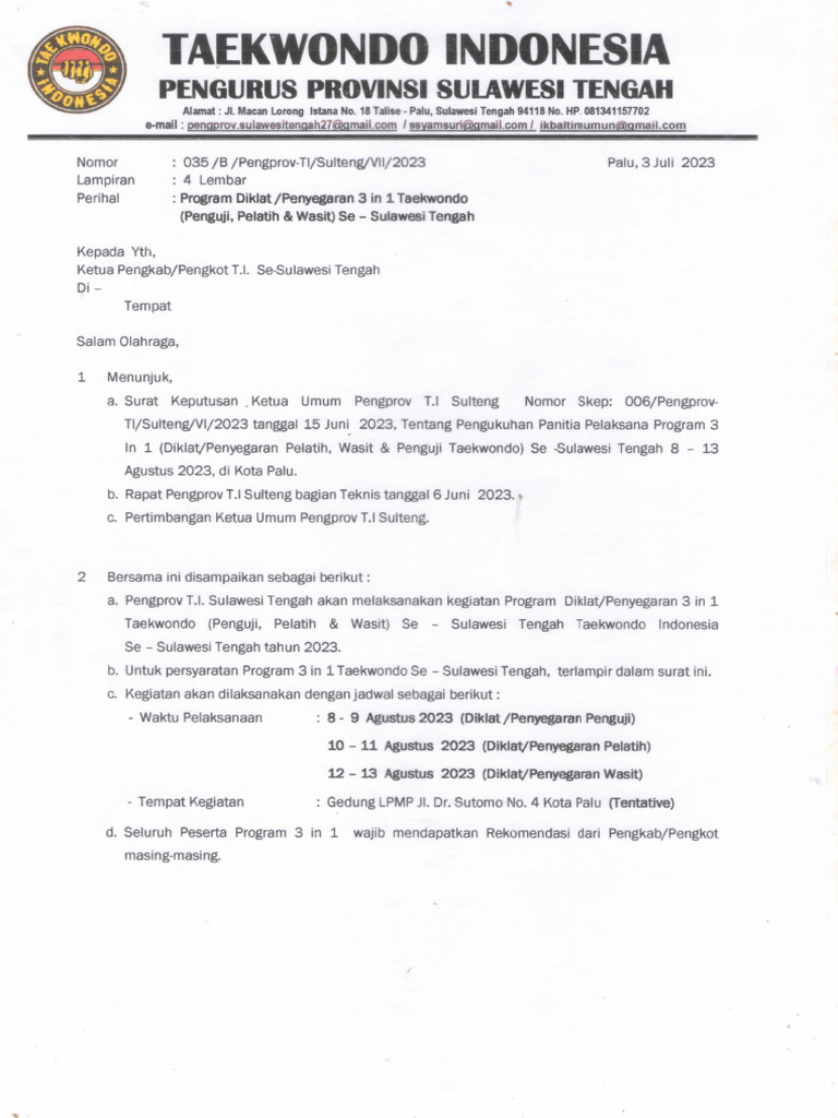 SURAT PROGRAM 3 in 1 SE - SULTENG 2023 | PDF
