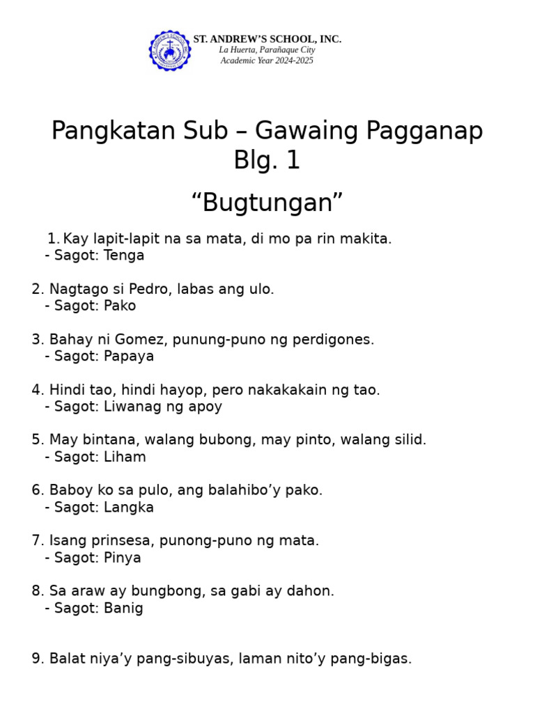 Pangkatan Sub - Gawaing Pagganap Blg. 1 "Bugtungan": St. Andrew'S ...