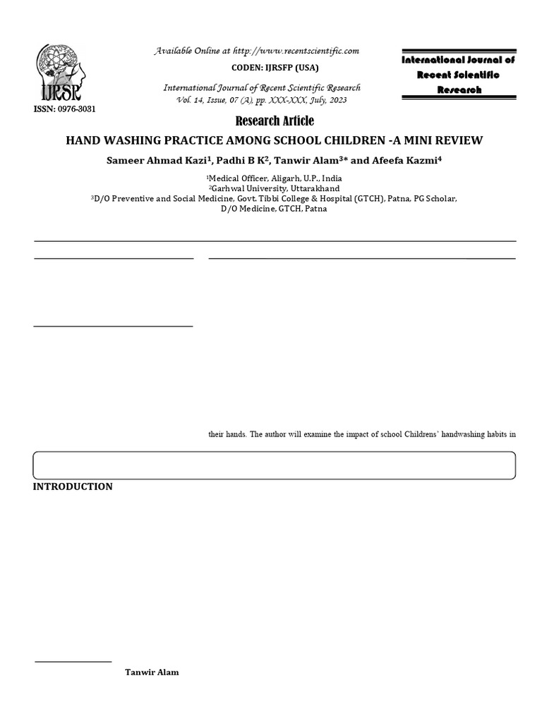 Hand Washing Practice Among School Children - A Mini Review | PDF ...