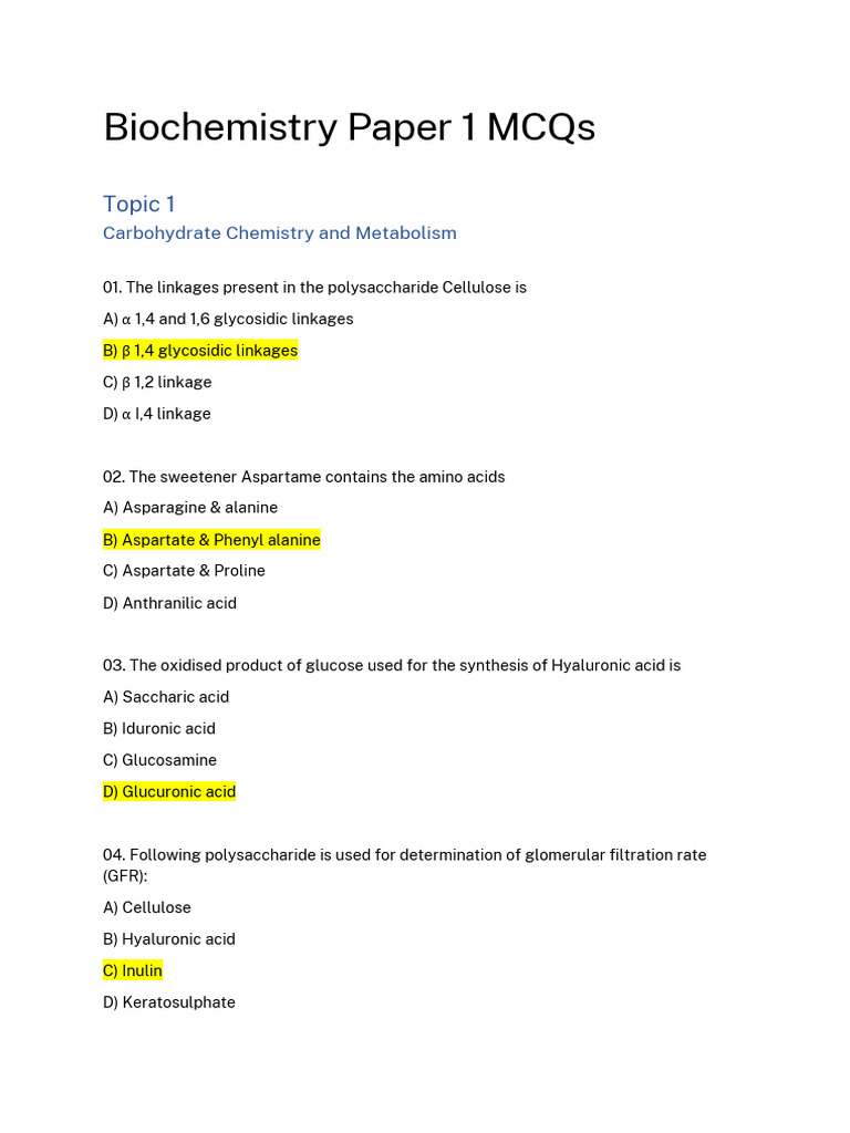 Biochemistry Paper 1 MCQs | PDF