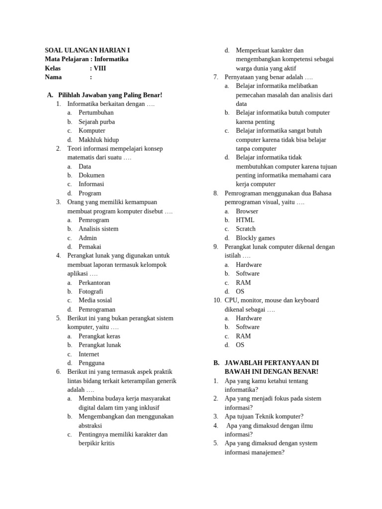 Soal UH Informatika VIII | PDF