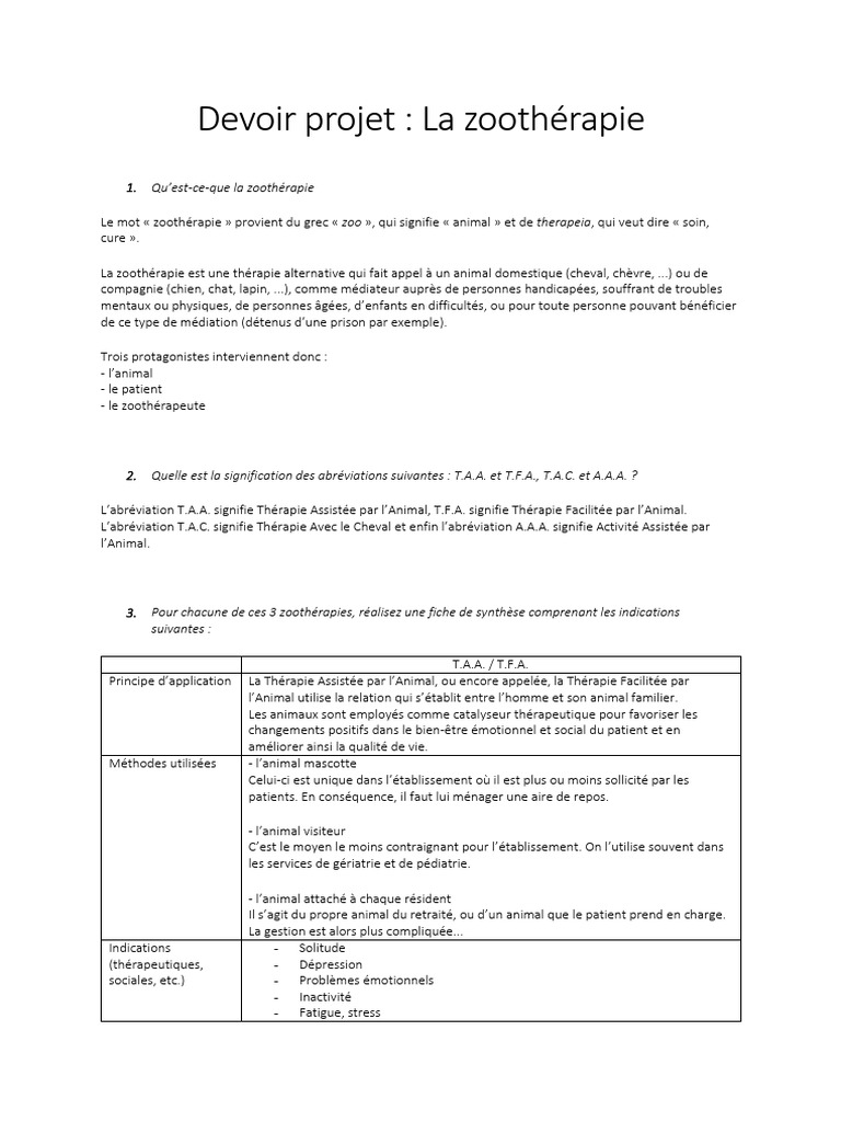 Devoir projet - la zoothérapie | PDF