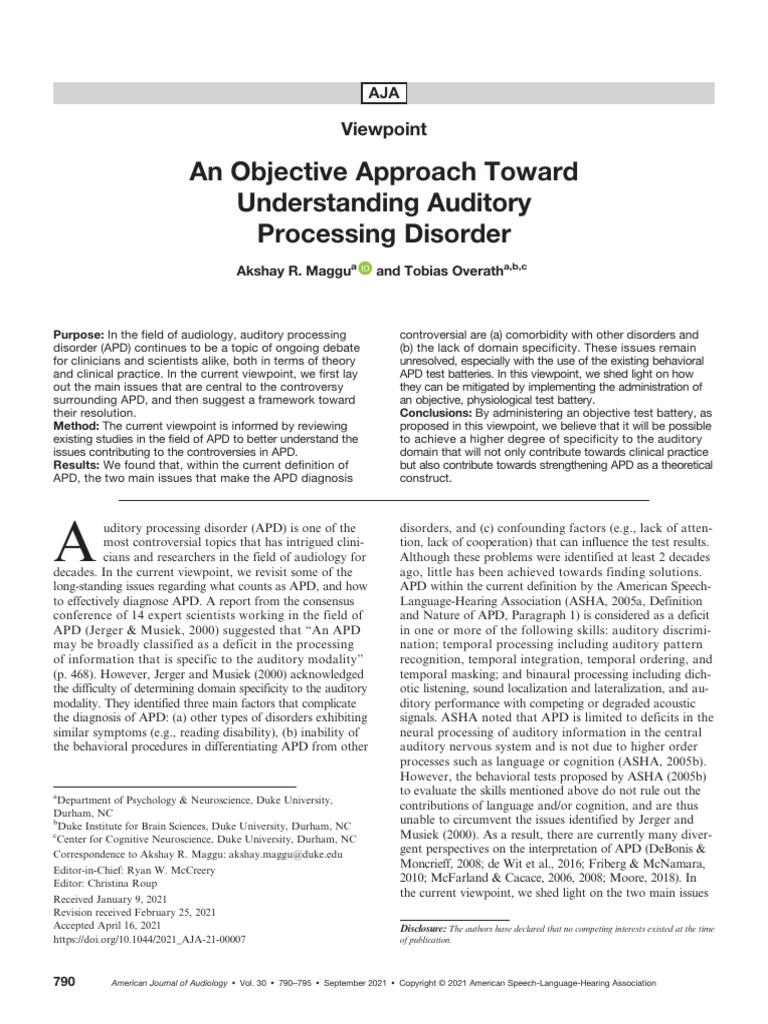 Maggu Overath 2021 An Objective Approach Toward Understanding Auditory Processing Disorder | PDF