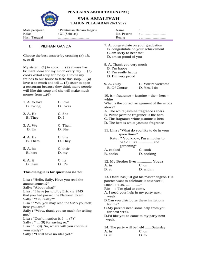 Soal Pat 2021-2022 Bahasa Inggris Peminatan Xi | PDF