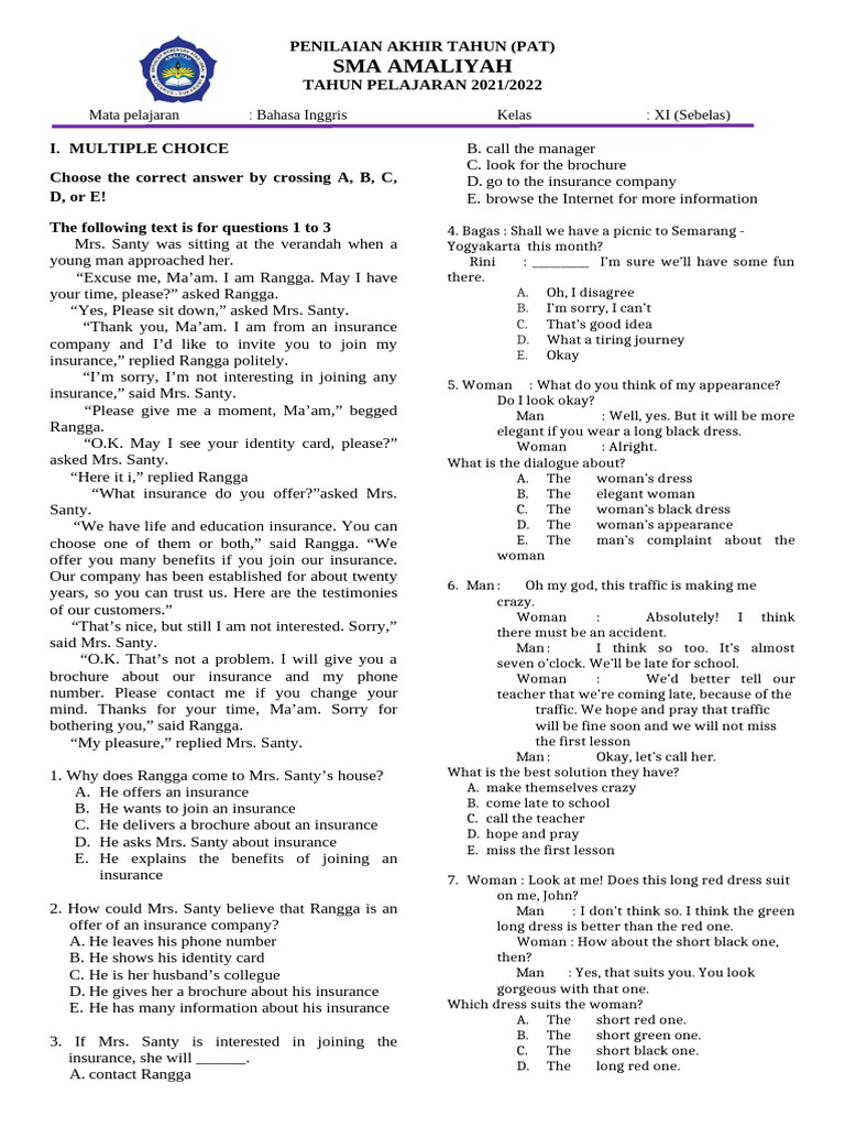 Soal Pat 2021-2022 Bahasa Inggris Xi | PDF