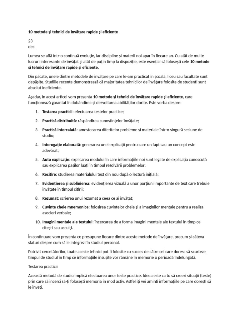 10 Metode Și Tehnici de Învățare Rapide Și Eficiente | PDF