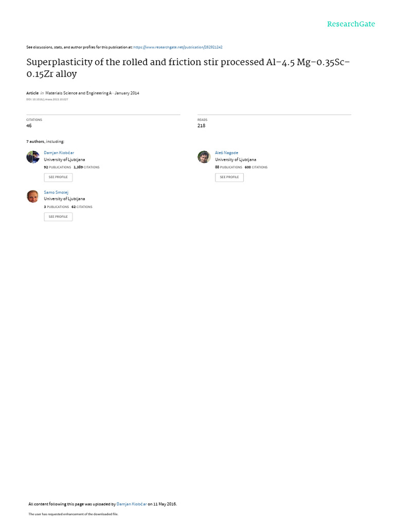 Superplasticity of The Rolled and Friction Stir PR | PDF