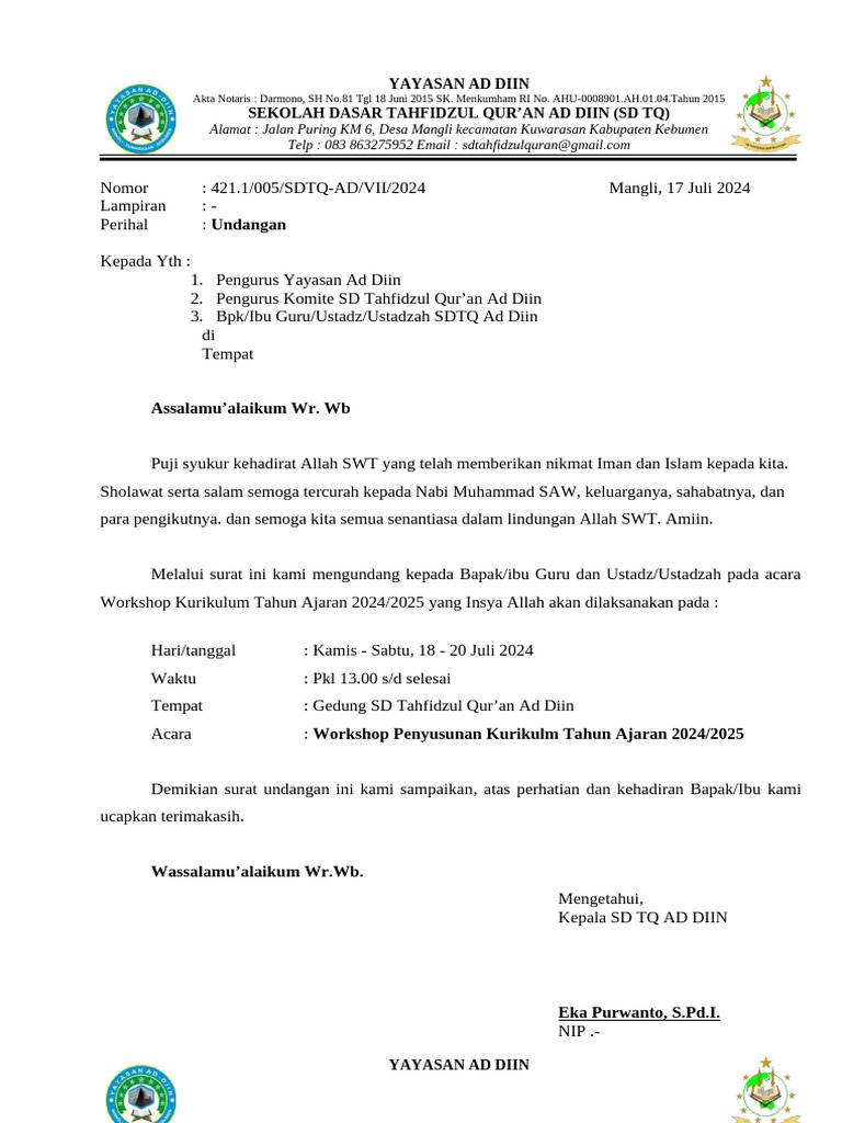 Surat Undangan Workshop Kurikulum Juli 2024 | PDF