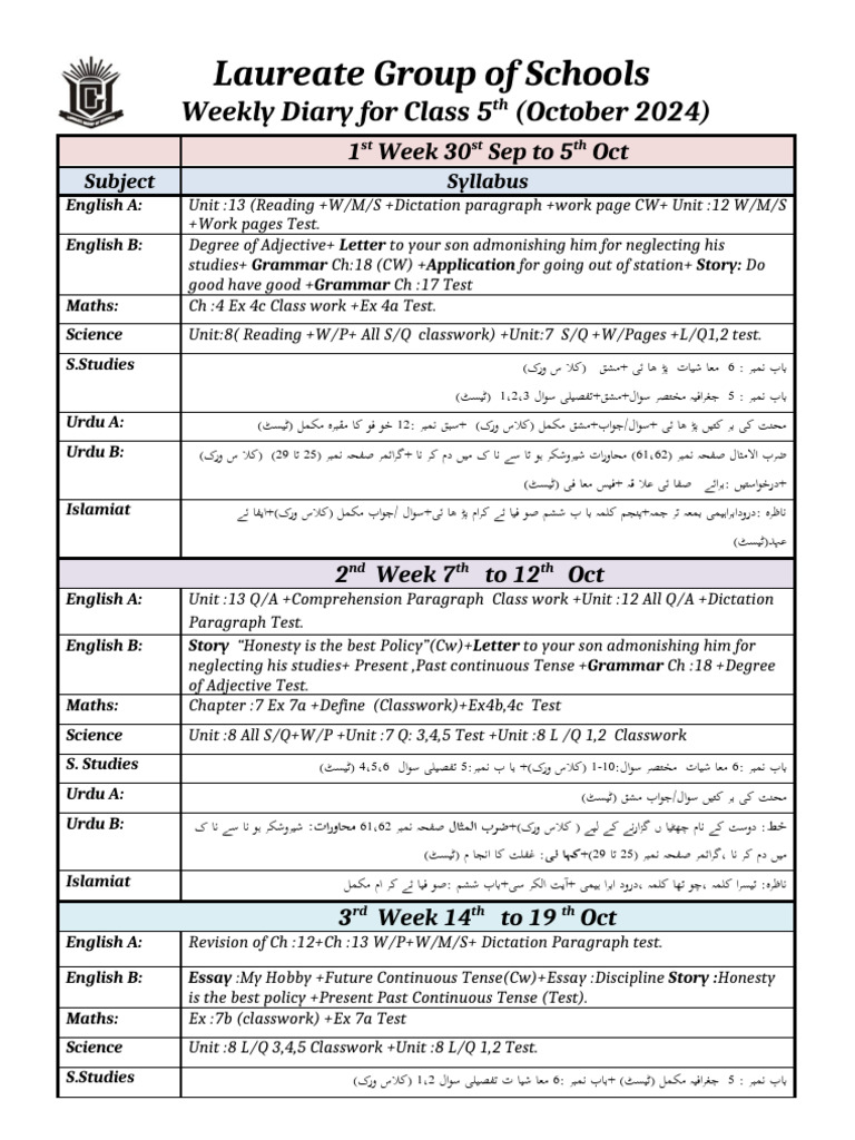 Weekly Dairy Class 5 Oct & Nov | PDF