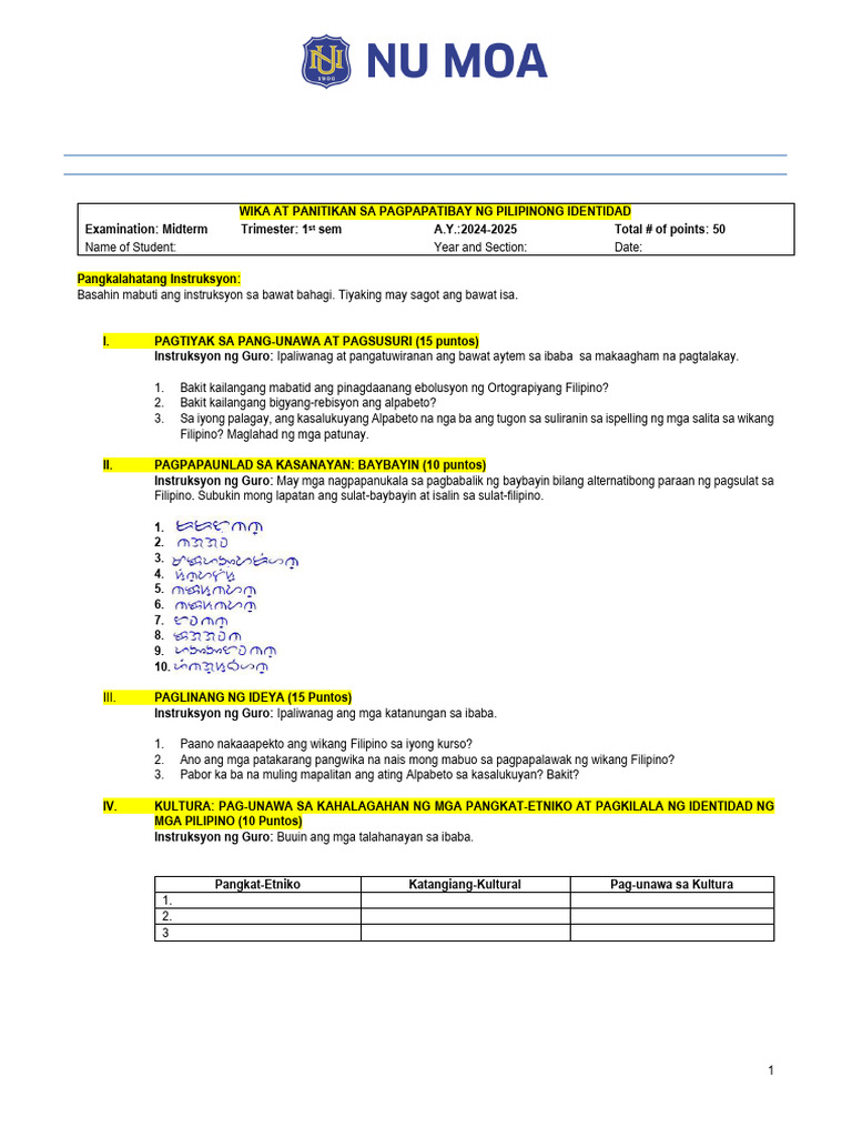 Midterm Exam Wika at Panitikan | PDF