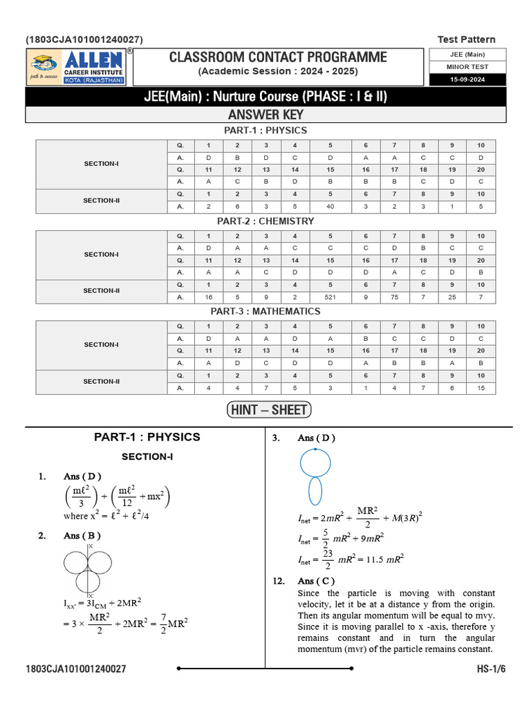 Classroom Contact Programme JEE (Main) : Nurture Course (PHASE: I & II ...