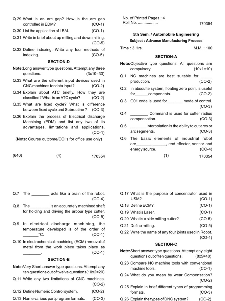 Auto 5 Sem Advanced Manufacturing Processes 170354 Dec 2019 | PDF