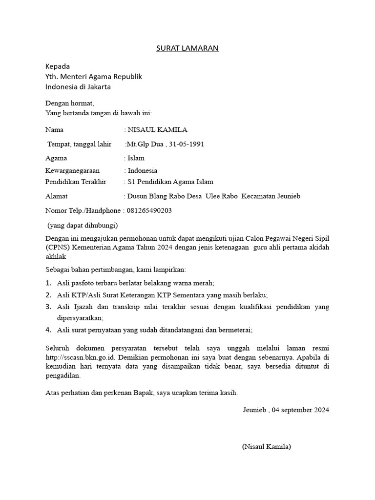 Surat Lamaran CPNS Kementerian Agama | PDF