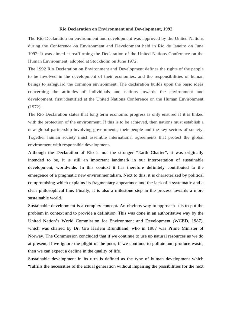 Rio Declaration on Environment and Development, 1992 | PDF