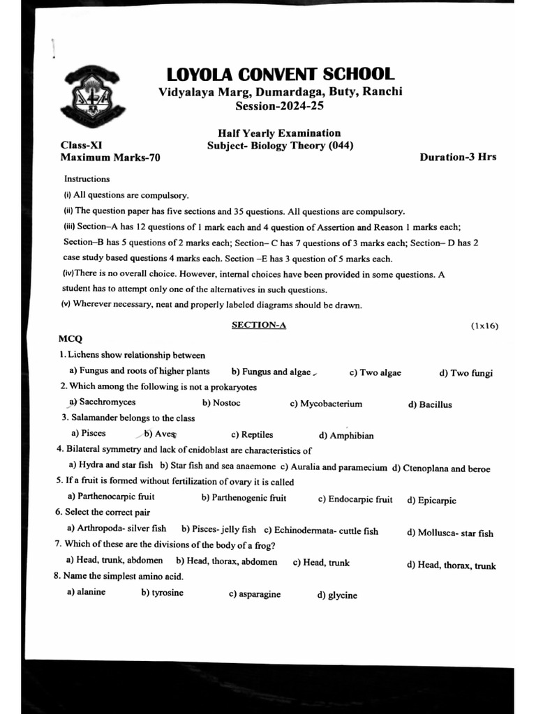 Biology Mid Term Paper 2024 | PDF