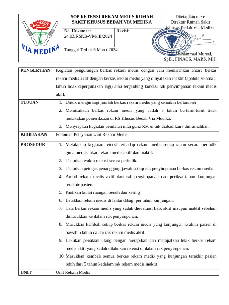 SPO Retensi Rekam Medis | PDF