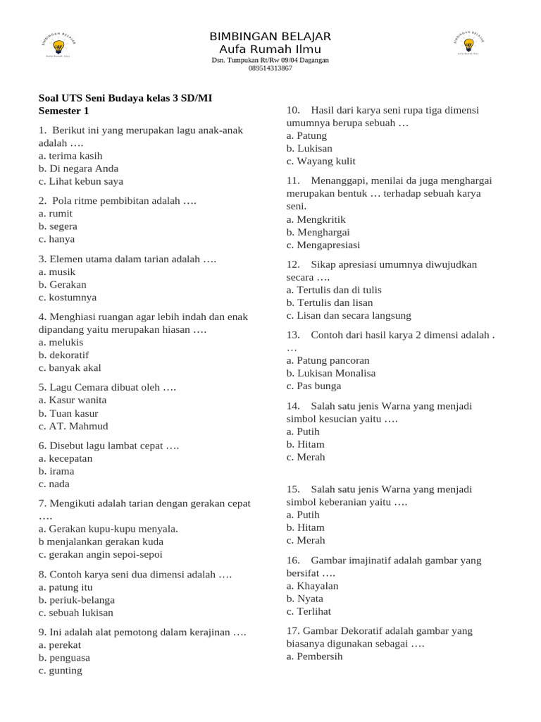 Soal UTS Seni Budaya Kelas 3 SD Sem 1 (AutoRecovered) | PDF