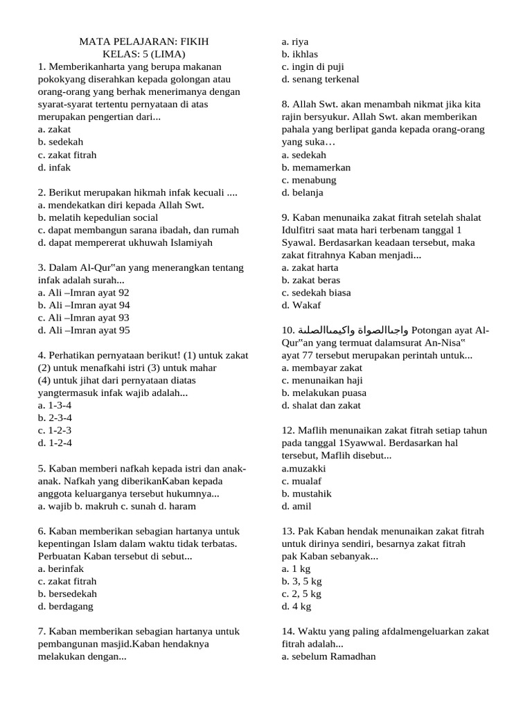 Soal Fiqih Kelas 5 Pts Sem 1 | PDF