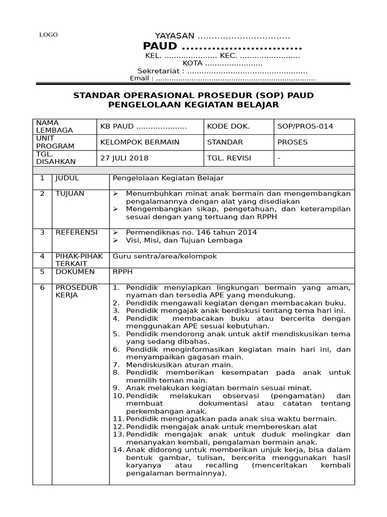 14 Sop Paud Pengelolaan Kegiatan Belajar | PDF