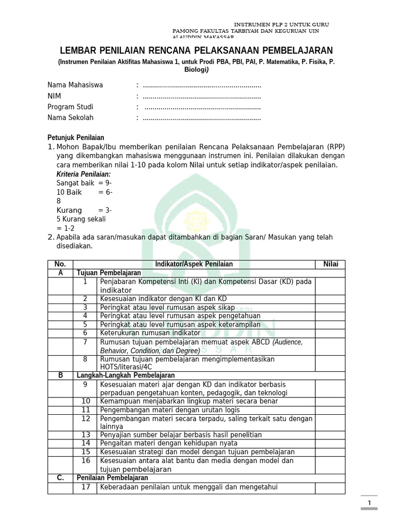 2 GP - Penilaian RPP - PAI PBA PBI FIS MAT BIO | PDF