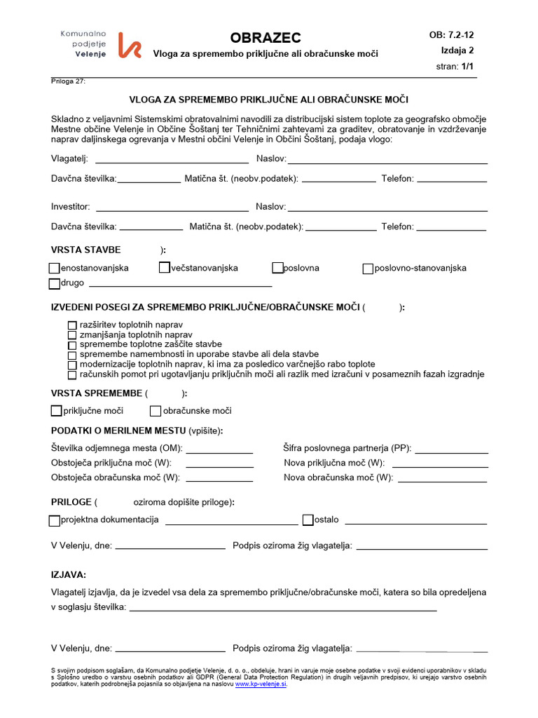 OB 7.2-12 - Vloga Za Spremembo Prikljucne Ali Obracunske Moci | PDF