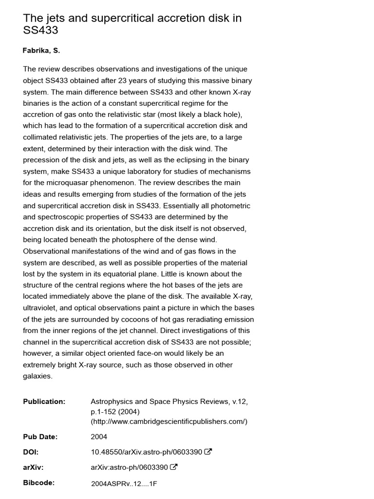 The Jets and Supercritical Accretion Disk in SS433 - Astrophysics Data ...
