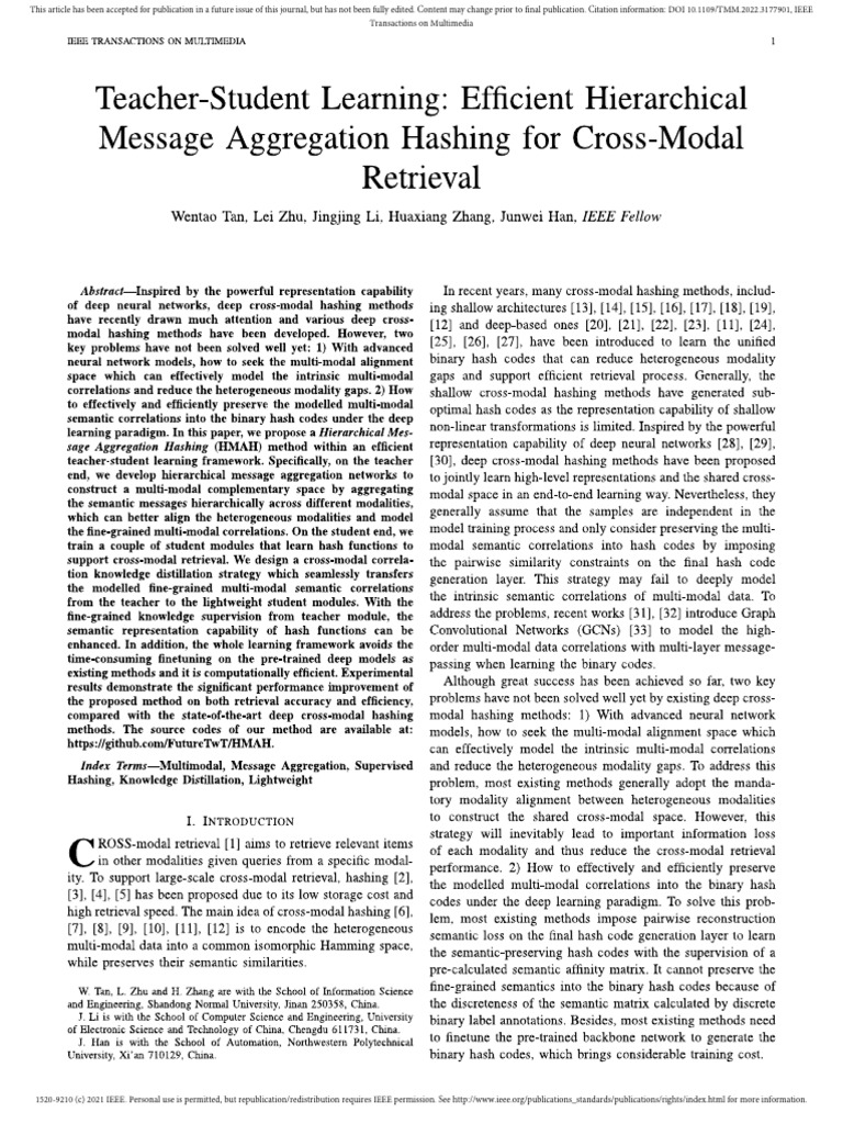 2021 Teacher-Student Learning Efficient Hierarchical Message Aggregation Hashing For Cross-Modal ...