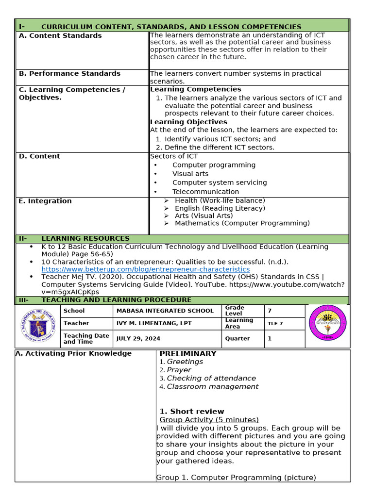 Tle 7 DLP 1 Sectors of Ictt | PDF