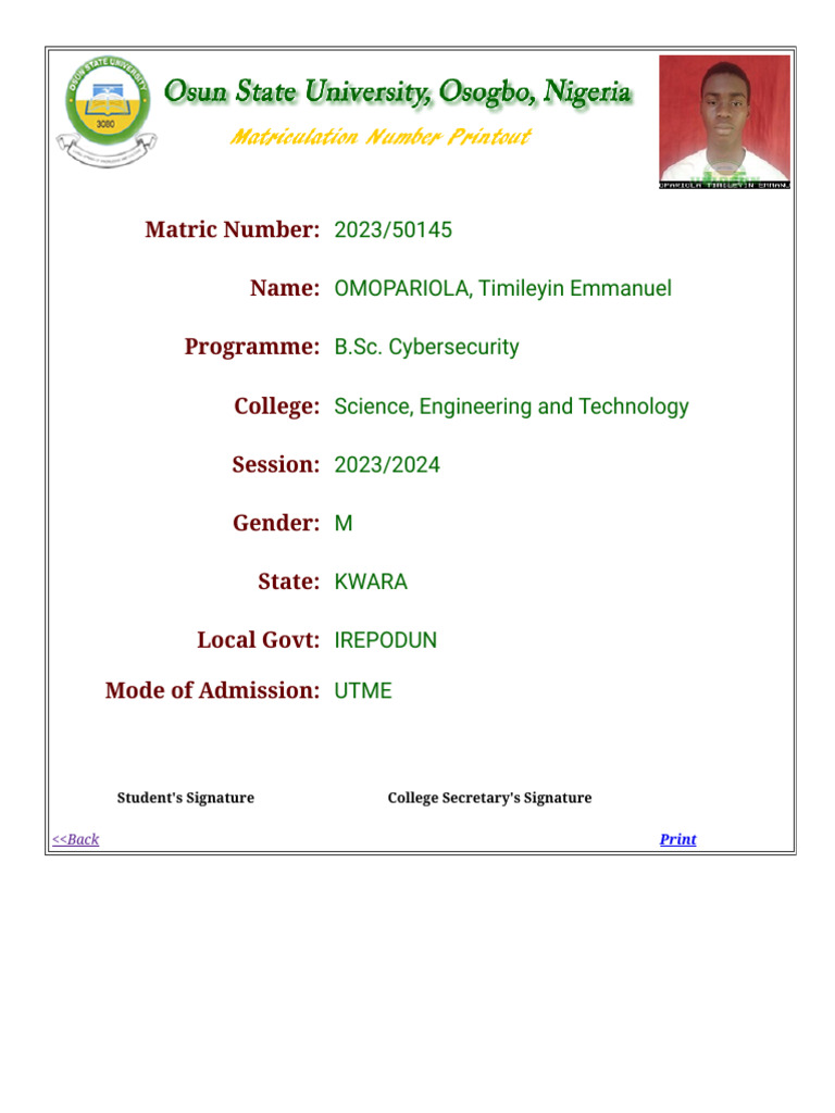 Matriculation Number Printout | PDF