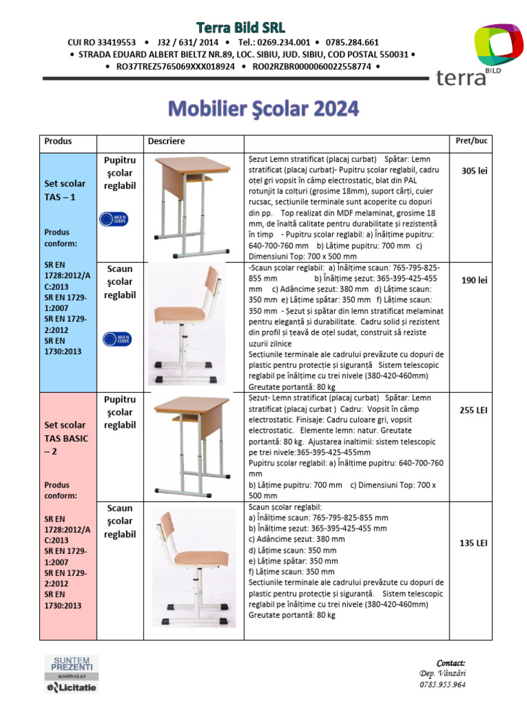 Oferta de Pret Mobilier Scolar Terra Bild 2024 A | PDF
