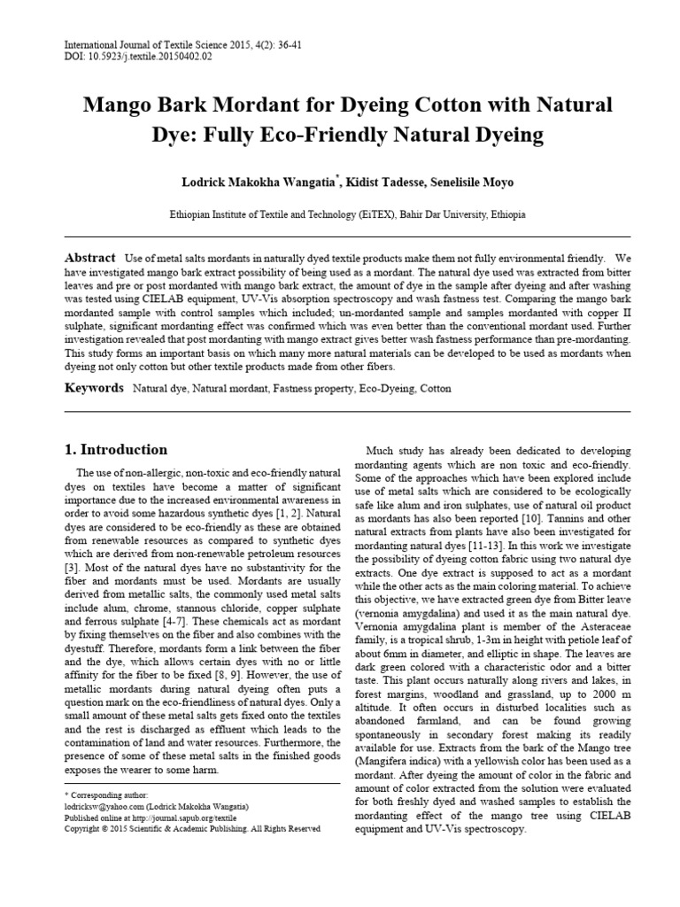 Mango Bark Mordant For Dyeing Cotton Wit | PDF