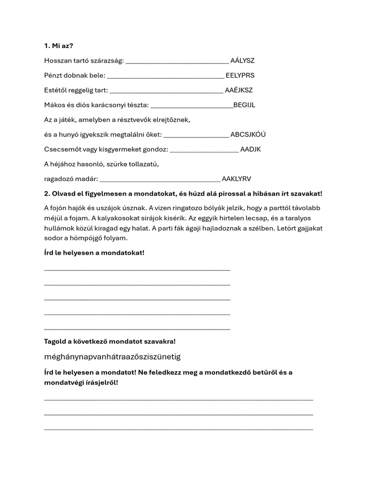 Gyakorló Feladatlap - Nyelvtan 3. Osztály | PDF