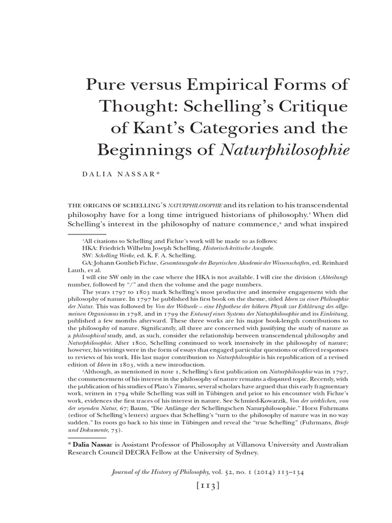 D. Nassar - Pure Versus Empirical Forms of Thought Schelling's Critique On Kant's Categories | PDF