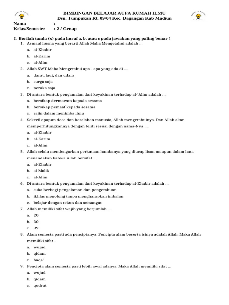 PAT Akidah Akhlak Kls 2 MI Soal Dan Kunci Jawaban | PDF