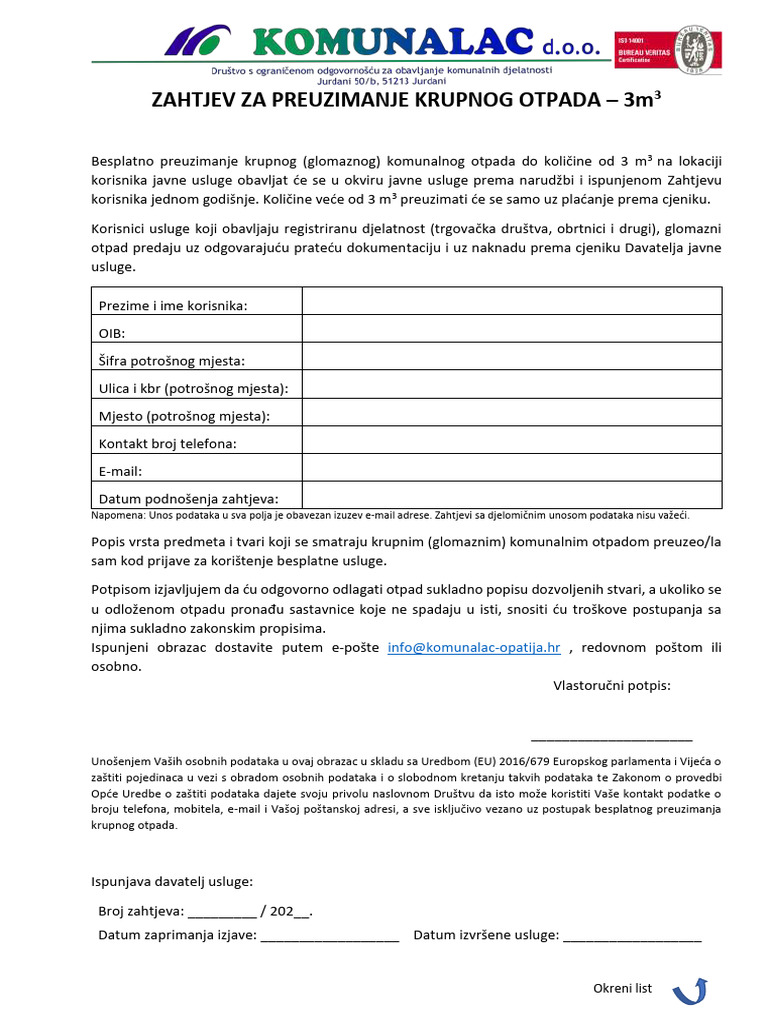 obrazac-za-preuzimanja-glomaznog-otpada | PDF