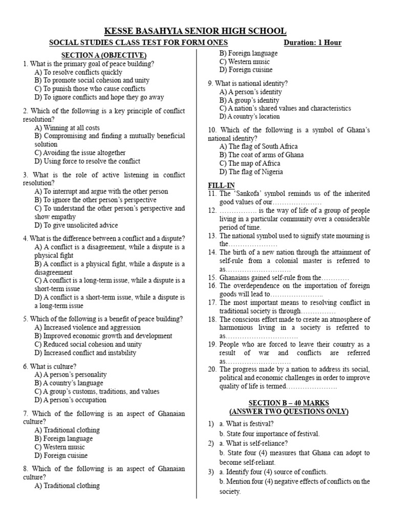 Social Studies Test Form 1 | PDF