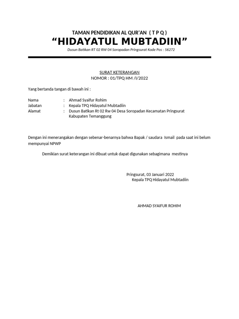 SURAT KET BLM npwp TPQ Batikan | PDF